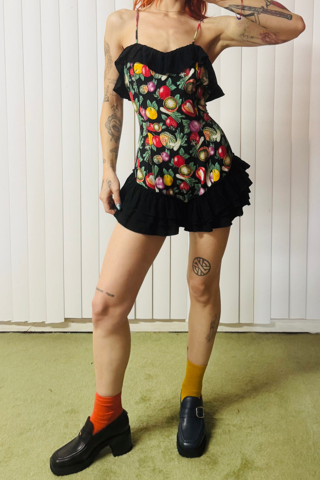 SAMPLE #623 - S Black Vegetable Medley Ruffle Mini Romper – Fashion ...