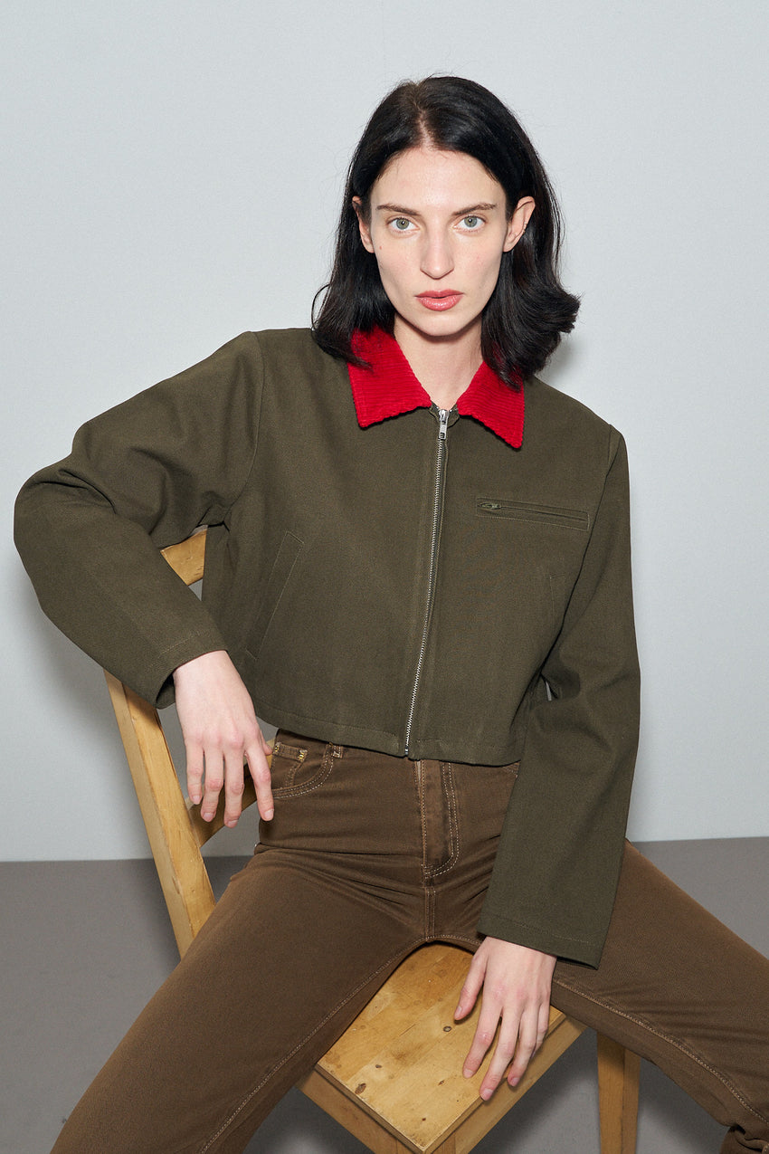 Canvas Construction Crop Jacket in Moss/red – Fashion Brand Company